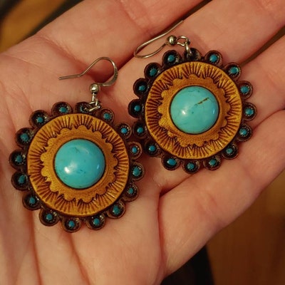 Beautifully Handtooled Leather Conchos With Gemstones, Saddle Concho - Etsy