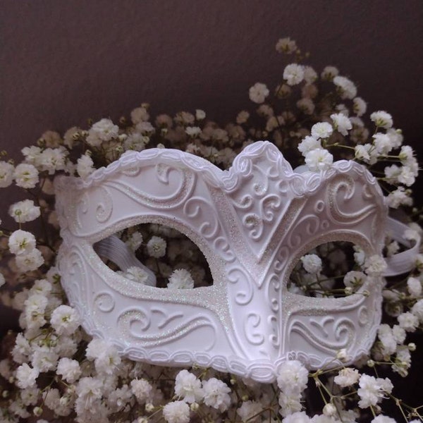 White Masquerade Mask Women With White Trim and Glitter, Simple Elegant ...