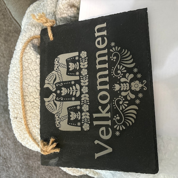 VALKOMMEN Velkommen Door Sign, Scandinavian Slate Door Hanger, WELCOME ...