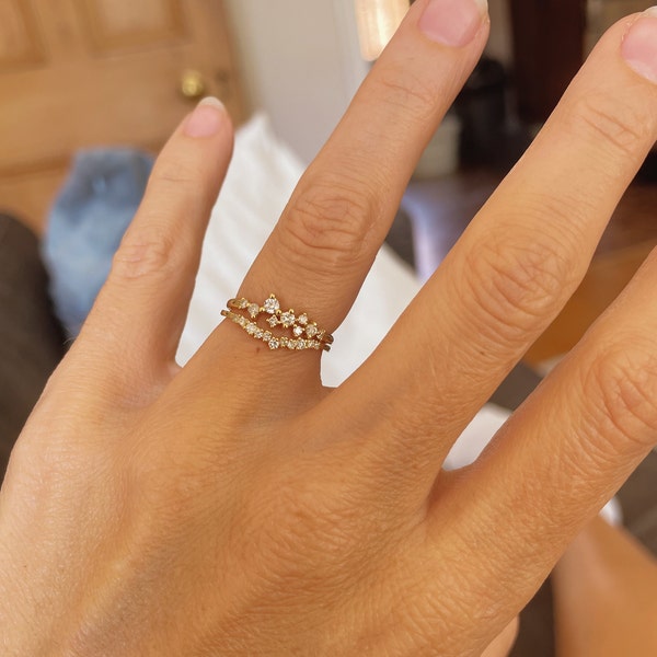 Diamond Iconic Cluster Ring, 14k Solid Gold Wedding Engagement Ring, Womens Minimalist Stacking ...