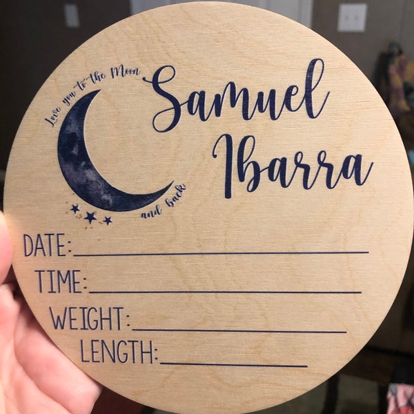 Birth Stat Sign, Round Wood Birth Stat Sign, Moon and Stars Nursery ...