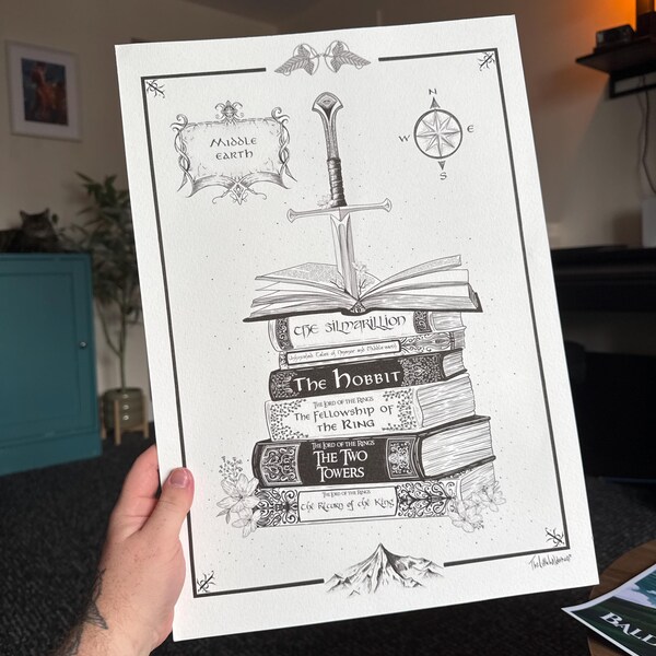Tolkien Inspired Hand Drawn Book Stack Illustration Print // Lotr ...