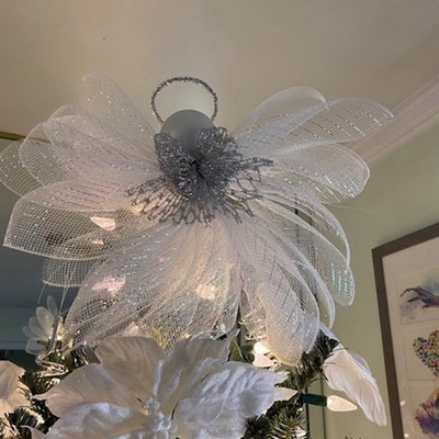 Deco Mesh Angel Tree Topper Ornament Silver Wreath Elegant Wreath ...