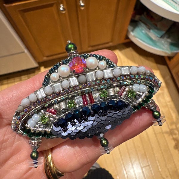 Embroidered UFO, Alien Brooch, Beaded Brooch, Flying Object, Alien ...