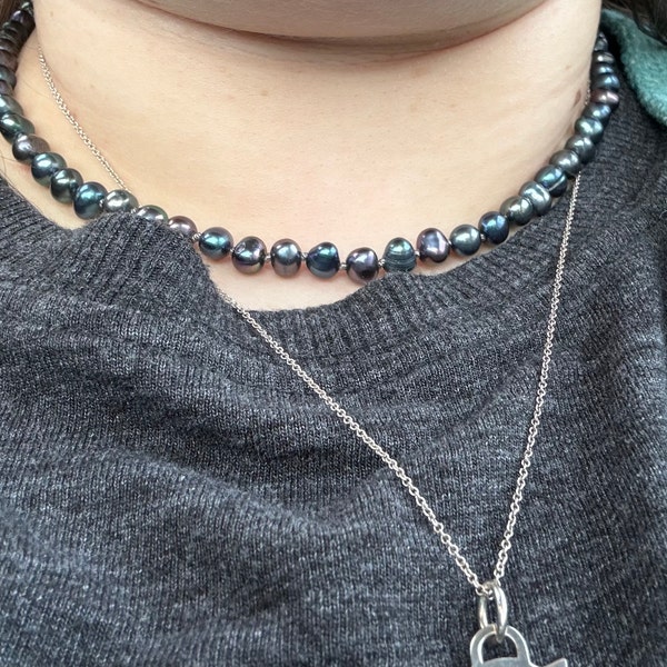 Hand Knotted Grey Pearl Necklace, Peacock Pearl Necklace, Freshwater ...