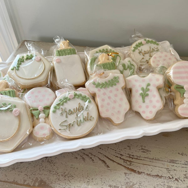 18 Greenery With PINK Stenciling Baby Shower Cookies - Etsy