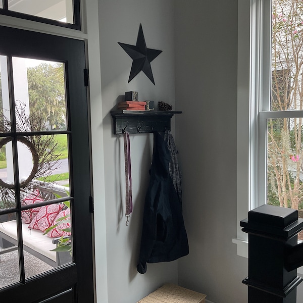 Wall Shelf With Hooks, Black Hooks, Bathroom, Coat Rack, Farmhouse ...