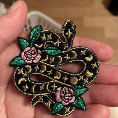 Snake & Moon Phases Patch Iron on Embroidered Patches for Jackets Celestial Serpent With Pink ...