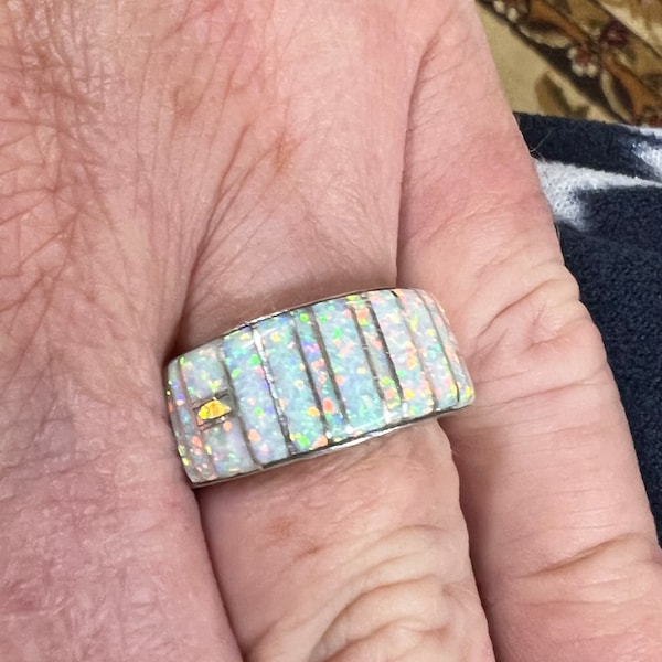 Sterling Silver White Fire Opal Inlay Ring - Hawaiian White Opal ...