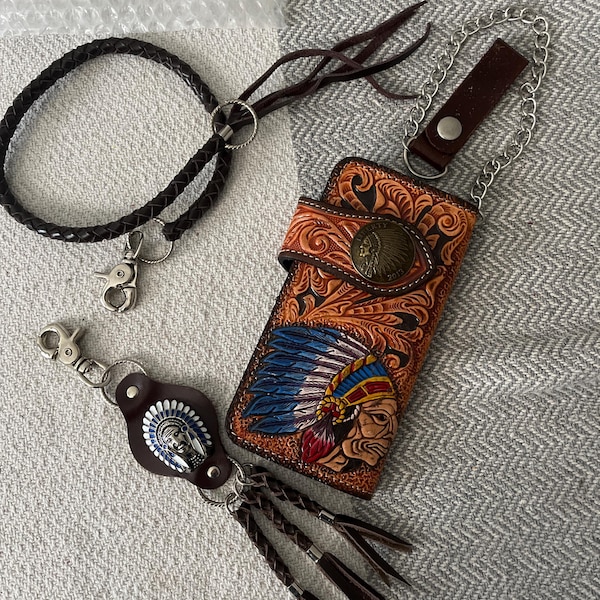 Carved Leather Mens Biker Wallet Chain Eagle Tooled Leather Bifold ...