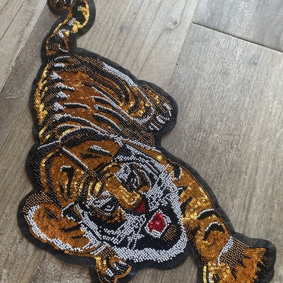 Gold Sequins Beaded Tiger Applique Handmade Sew on Patches for Vintage Clothes Back or Denim ...