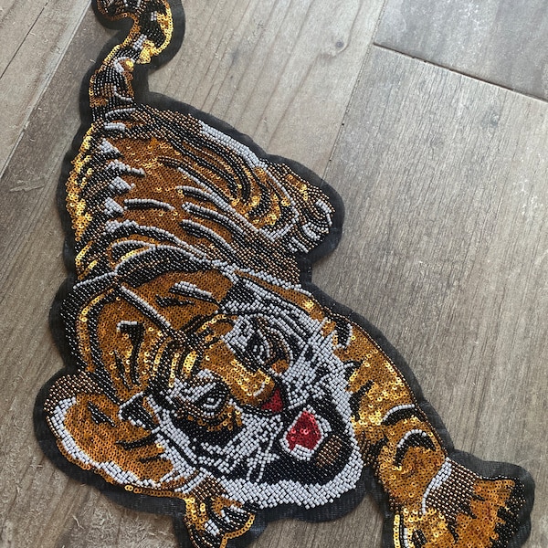 Gold Sequins Beaded Tiger Applique Handmade Sew on Patches for Vintage Clothes Back or Denim ...