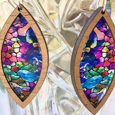 Mosaic Stained Glass Earrings // Teardrop // Mahogany Wood // Bright ...