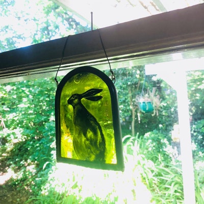 Patchwork Cat & Hare Hand Painted Stained Glass Panel moongazing Window ...