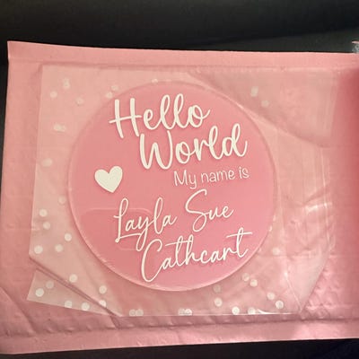 Personalised Acrylic Disc, Hello World Acrylic Disc, Baby Announcement ...