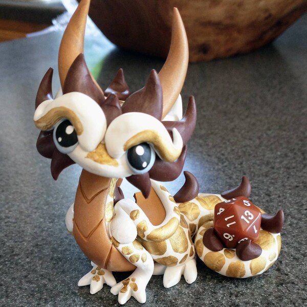 Nico | Polymer Clay Dice Dragon Figurine | Black, Teal, and Pearl White ...