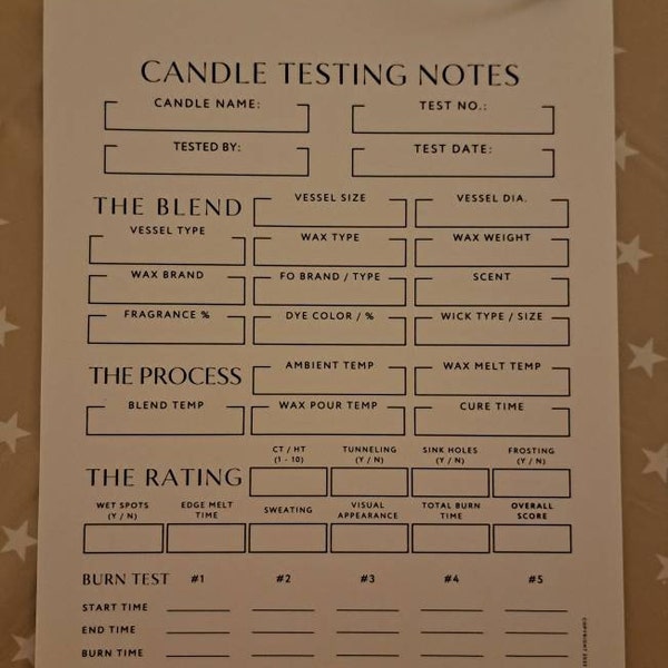 Candle Testing Sheet, Printable Candle Burn Test Sheet, Candle Test ...