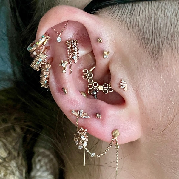 14K Solid Gold Dangle Cartilage Earring Stud/hidden Helix Piercing ...