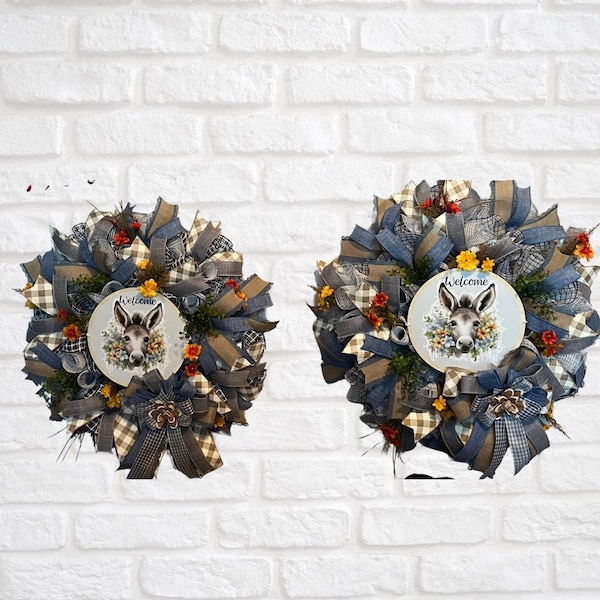 Cute Donkey Welcome Wreath Sign, Metal Wreath Sign, Door Decor, Round ...