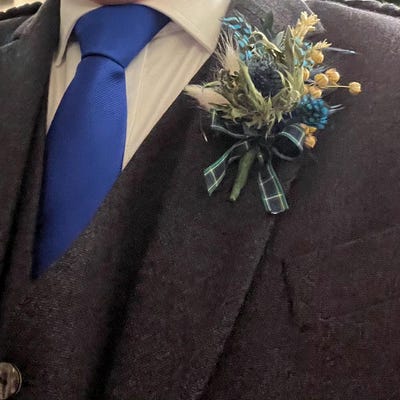 Scottish Themed Boutonnière, Thistle and Red Tartan Buttonhole ...