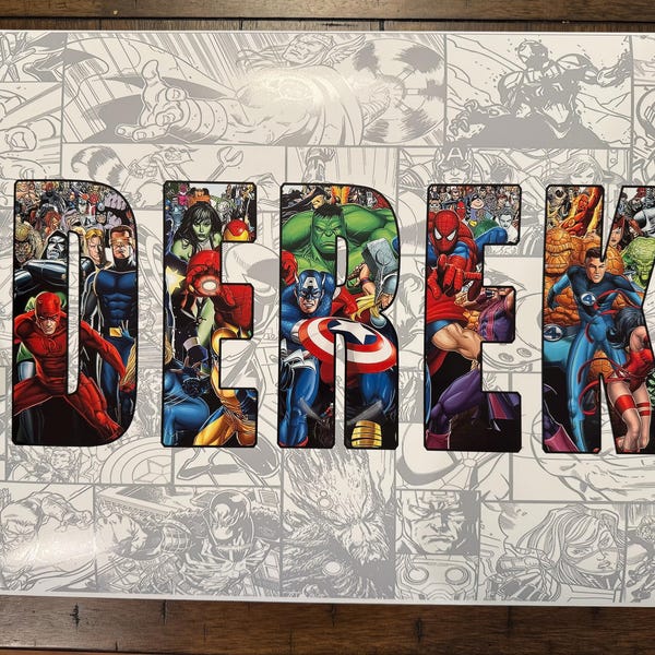 Personalised NAME Word Art Print Superhero Character Posters Avenger ...