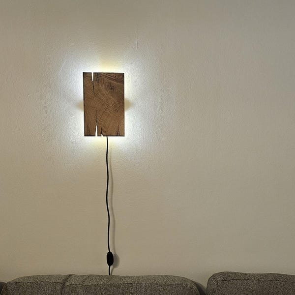 Handmade Floating Shelf and Wall Sconce Plug In, Oak Wall Light and ...