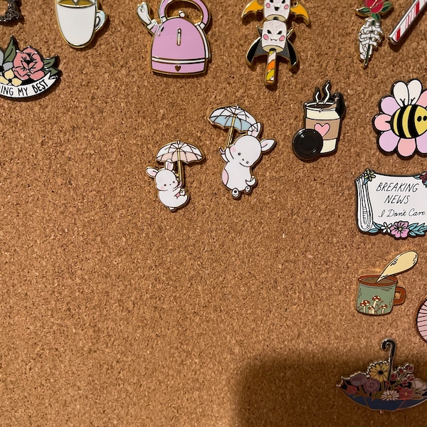 Enamel Pin: Rain Bunny, Cute Bunny Enamel Pin, Kawaii Bunny Pin, Two ...
