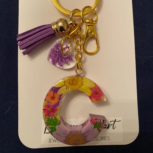 Pressed Flower Resin Keychain, Real Floral Initial Letter Charm for ...