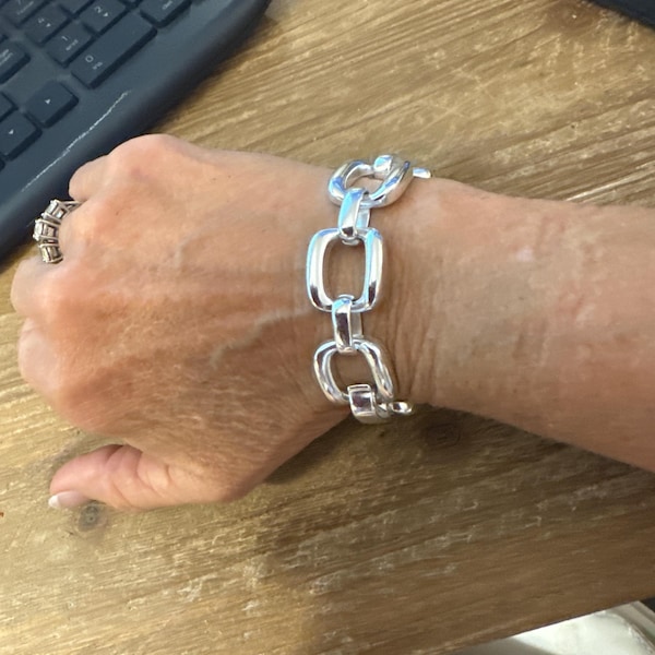 Chunky 925 Sterling Silver Chain Link Bracelet, Geometric Thick Chain ...