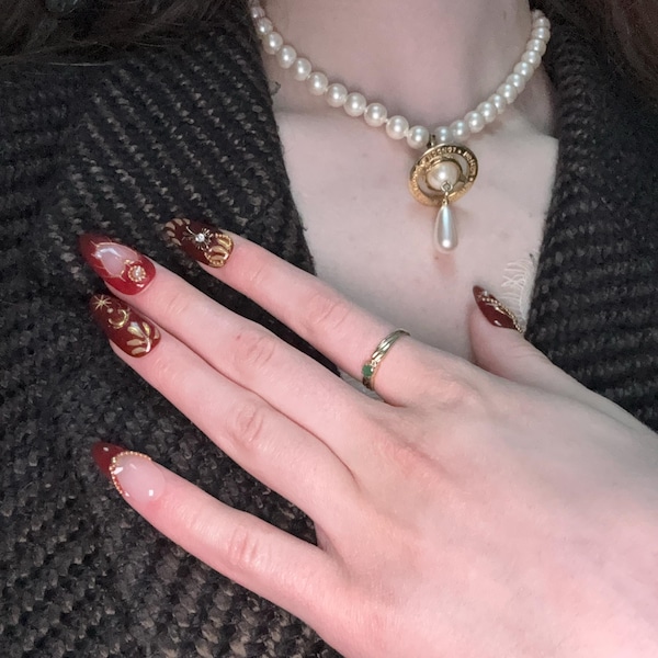 Golden Claret Angel Press on Nails: Handmade Faux Acrylic Gel Nails - Etsy