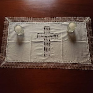 Religious Lace IHS Catholic Doily Cross White Altar Cloth Christian ...