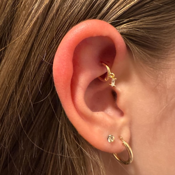 18G Tiny Diamond Baguette Rook Hoop Earring • Tiny Gold Cartilage Hoop ...