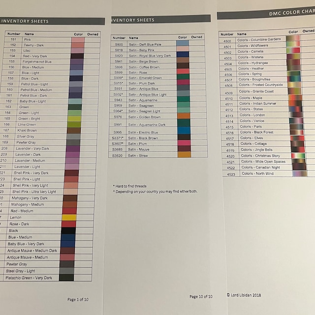 Dmc Color Chart For Cross Stitch Threadcomplete Etsy Full Set Of 447