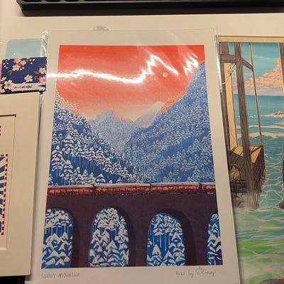 A4 Risograph Print. Slow Train Through Sunset Snowy Mountain Bridge. 2 ...