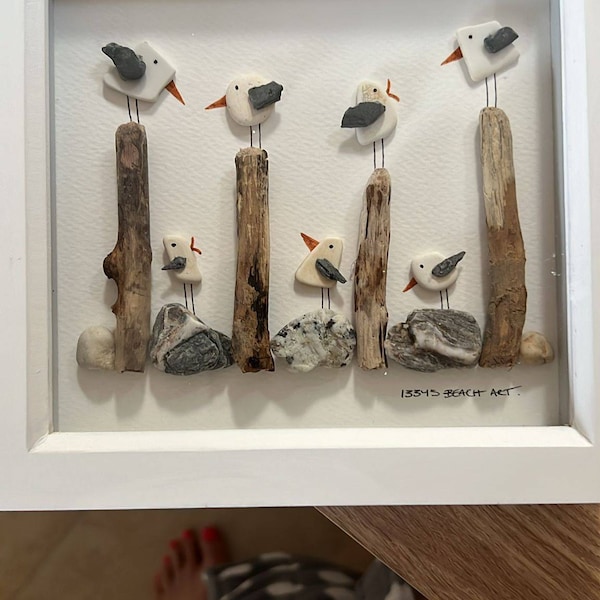 Cornish Seagulls on Driftwood and Pebbles Framed Picture • Coastal ...