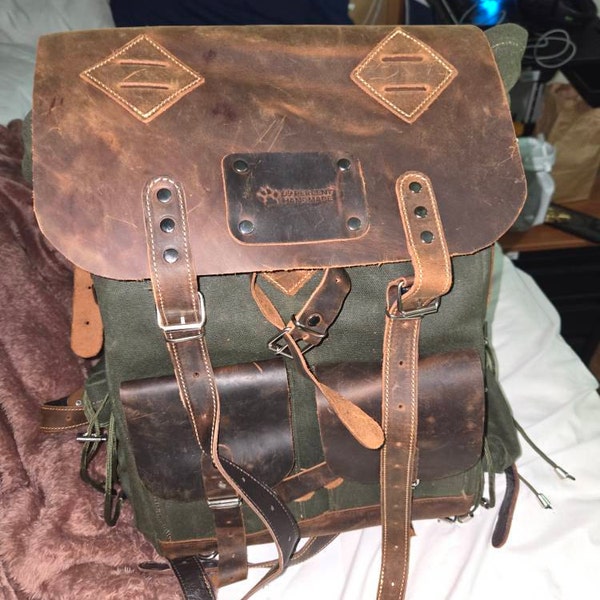 Black-brown-green | Bushcraft Handmade Waxed Canvas Backpack | 50 L ...