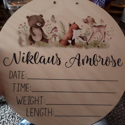 Woodland Birth Stat Sign, Round Wood Birth Stat Sign, Woodland Birth ...