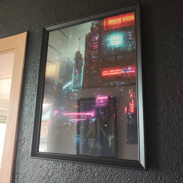 Cyberpunk Print | Futuristic Street With Purple Cyan Neon Lights Art ...