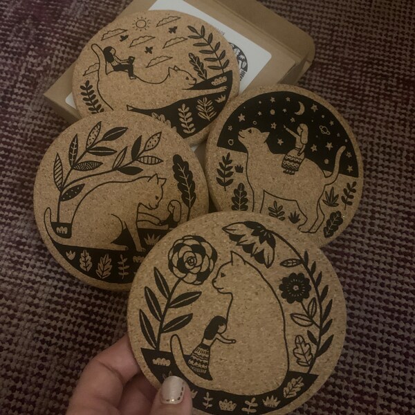 A Girl and Her Kitty Coaster Set - Etsy UK