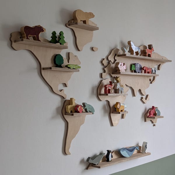 Handcrafted Wooden World Map Shelf, Continent Wall Shelves Decoration ...