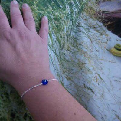 Dark Blue Evil Eye Bracelet. Sterling Silver Evil Eye Bracelet. Petite ...
