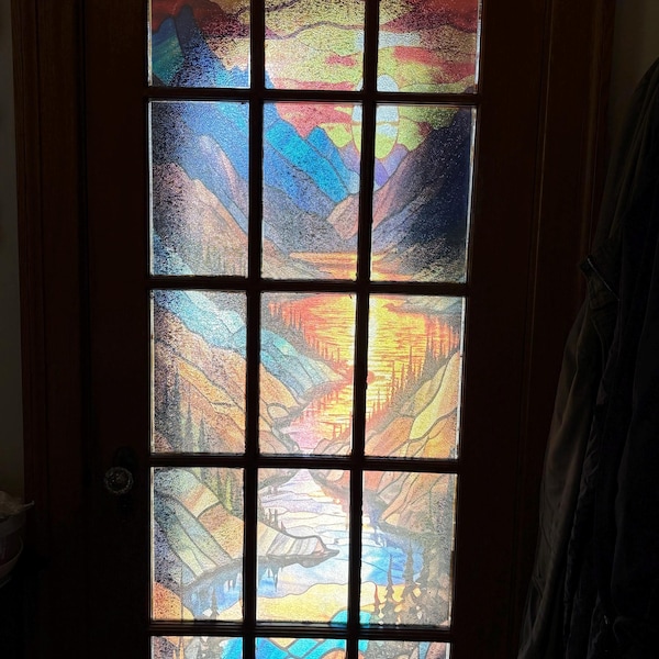 Custom Forest Sunset Stained Glass Window Film – Mountain River Scene ...