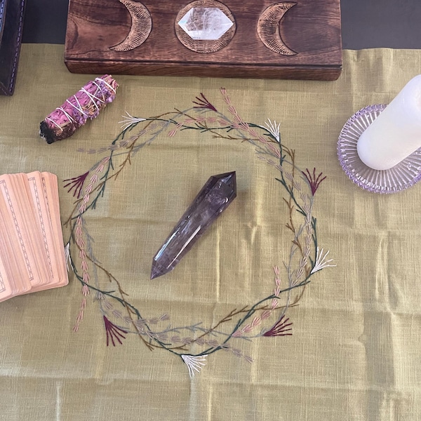 Hand Embroidered Linen Altar Cloth: Green Witch Decor for Home Shrine ...