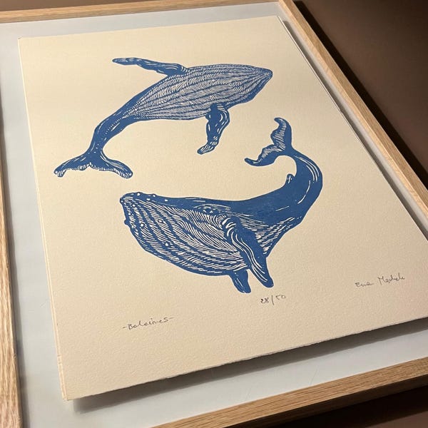 Linocut Whale - Original Art Print, Hand Engraved and Printed, Marine ...