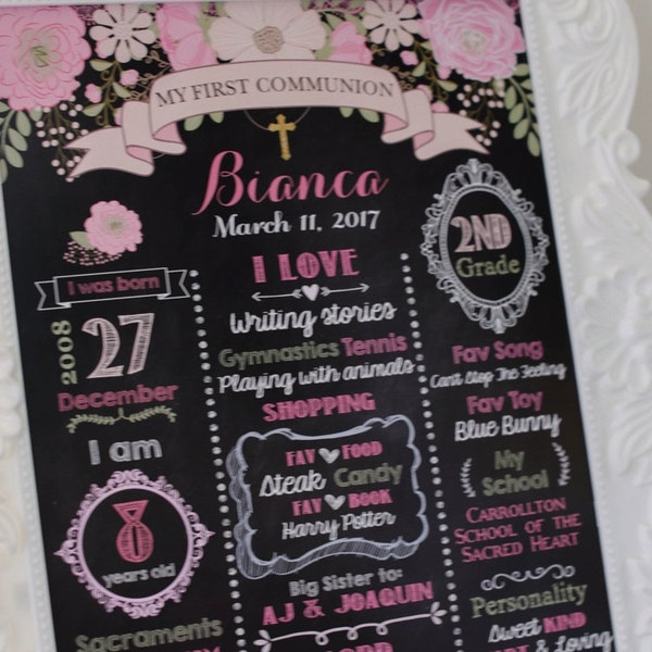 First Communion Chalkboard Sign Floral, Baptism Milestone Poster, Any ...