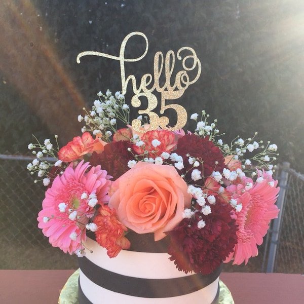 Hello 35 Glitter Cake Topper, Any Age Cake Topper, 35th Birthday Cake ...