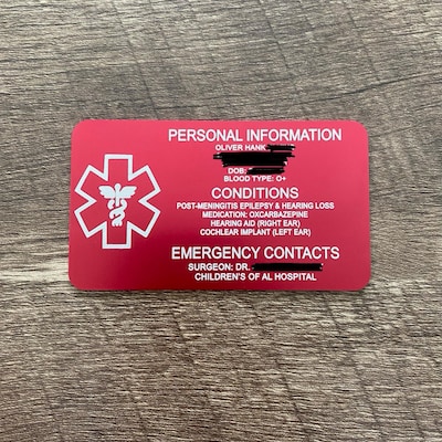 Personalized Medical ID Card, Custom Engraved Emergency Contact Card ...