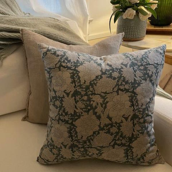 French Blue Pillow Cover Spring Floral Throw Pillow Custom Size Lumbar ...