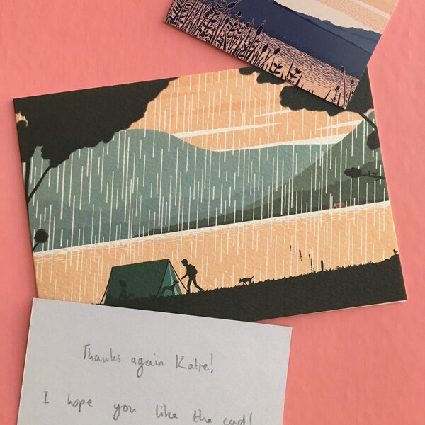Lakeside Camping Greetings Card - Landscape Illustration, Lake Sunset ...