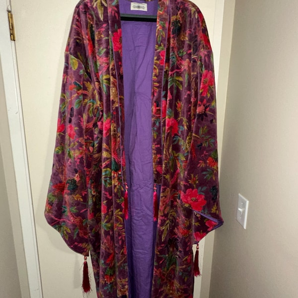OFMD Violet Bird Velvet Banyan Fabric Kimono Cotton Velvet Robe Long ...
